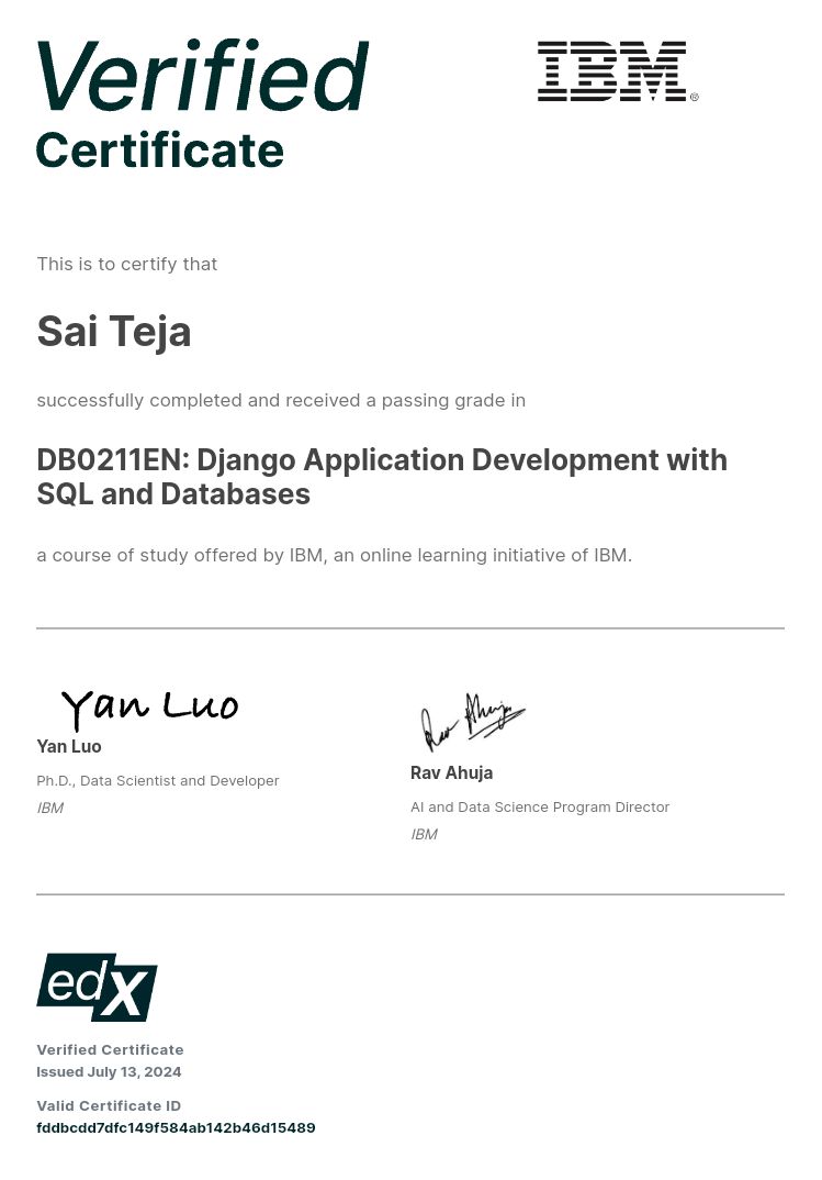 Sai Teja on LinkedIn: #django #certificate #ibm #ibmcertificate Sai Teja on LinkedIn: #django #certificate #ibm #ibmcertificate