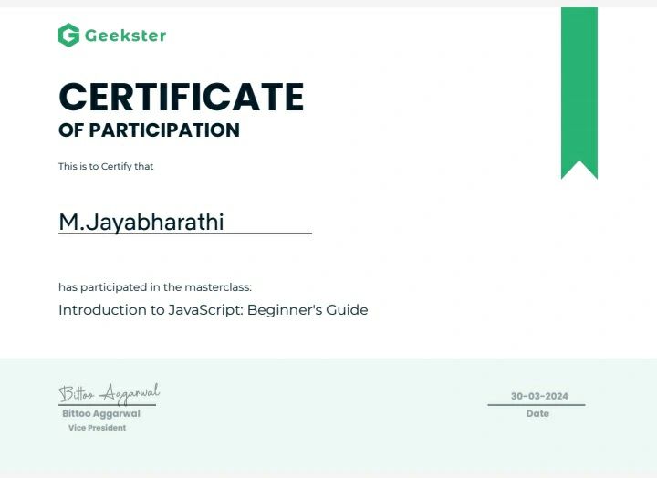Jayabharathi M on LinkedIn: #javascript #geekster #codingjourney Jayabharathi M on LinkedIn: #javascript #geekster #codingjourney