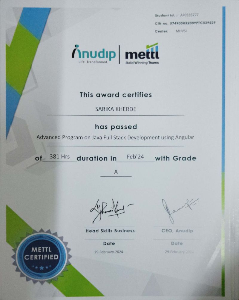 Sarika Kherde on LinkedIn: #java #angular #fullstackdevelopment #gratitude Sarika Kherde on LinkedIn: #java #angular #fullstackdevelopment #gratitude