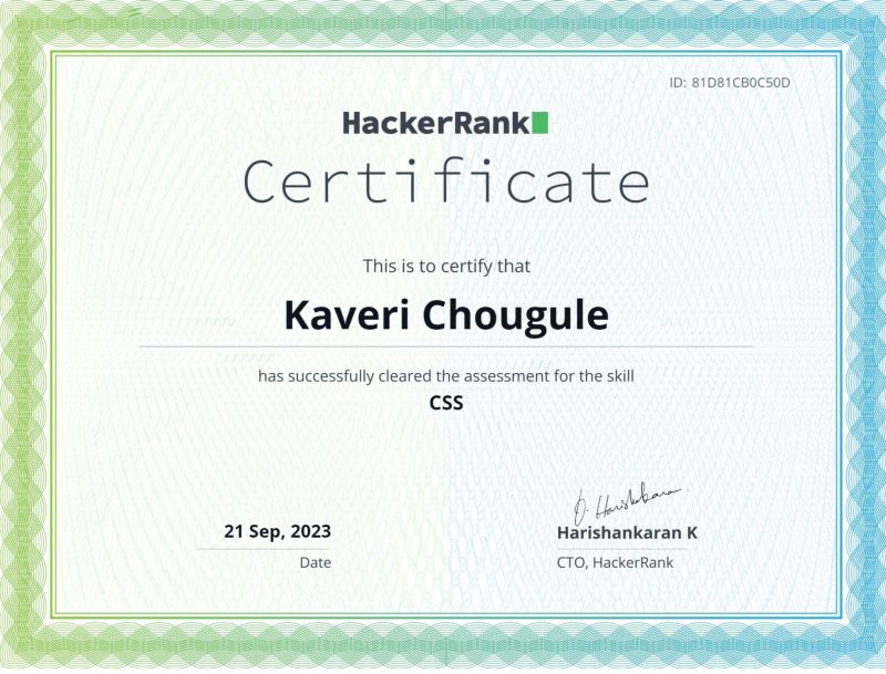 Kaveri Chougule on LinkedIn: #css #webdevelopment #hackerrankcertified ... Kaveri Chougule on LinkedIn: #css #webdevelopment #hackerrankcertified ...