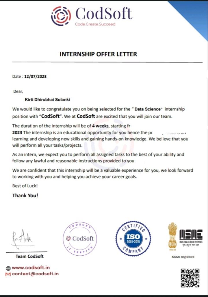 kirti solanki on LinkedIn: #internship #datascience #codsoft kirti solanki on LinkedIn: #internship #datascience #codsoft