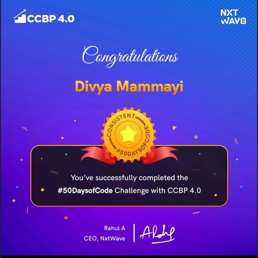 Divya Mammayi on LinkedIn: #50daysofcodechallenge #nxtwave #ccbp # ... Divya Mammayi on LinkedIn: #50daysofcodechallenge #nxtwave #ccbp # ...