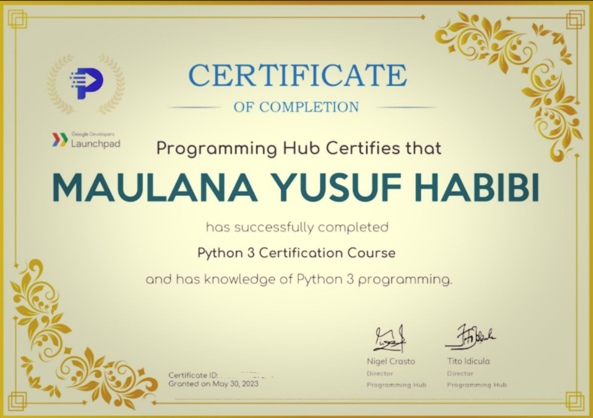 Maulana Yusuf Habibi on LinkedIn: #python #python3certification # ... Maulana Yusuf Habibi on LinkedIn: #python #python3certification # ...