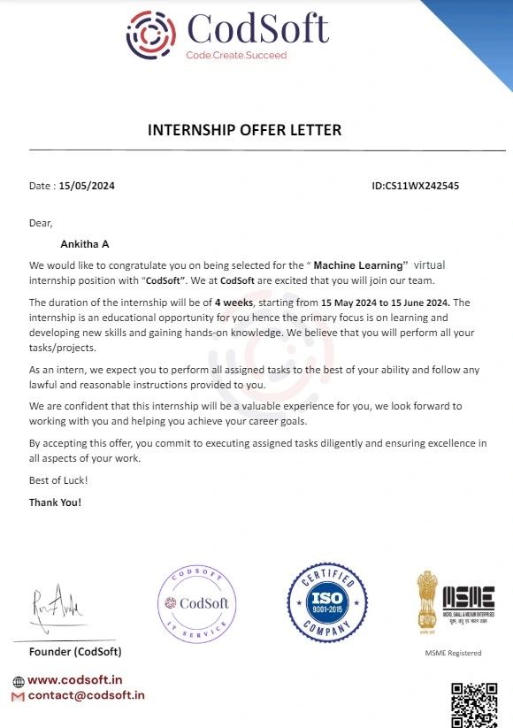 Ankitha A on LinkedIn: #codsoft #internship #machine_learning Ankitha A on LinkedIn: #codsoft #internship #machine_learning