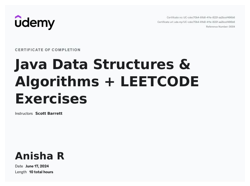 Anisha R on LinkedIn: #linkedin #udemy #dsa #java Anisha R on LinkedIn: #linkedin #udemy #dsa #java