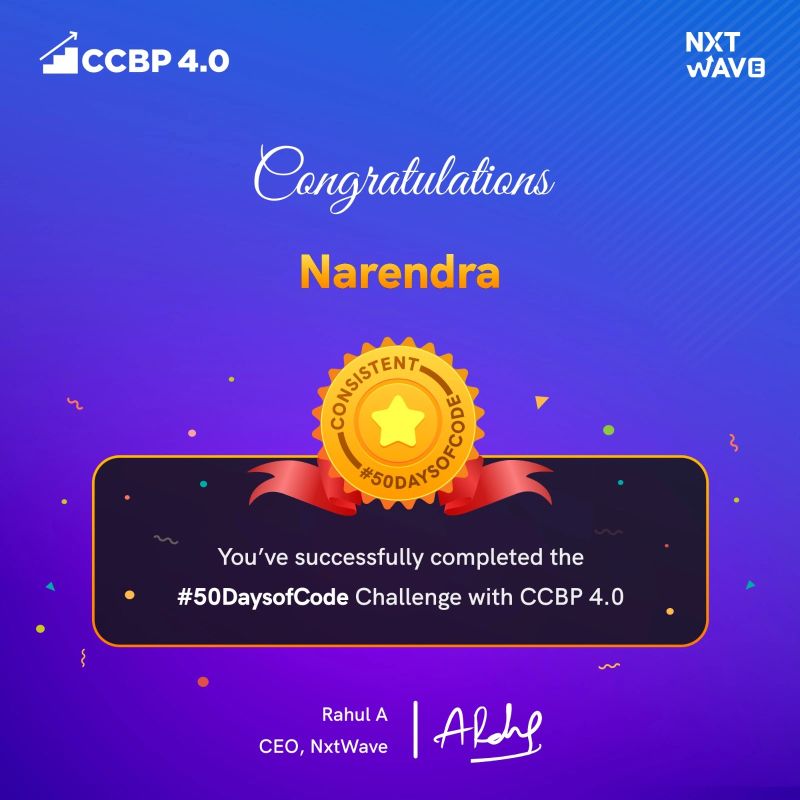Completed #50daysofcodechallenge with NxtWave | P Narendra posted on ... Completed #50daysofcodechallenge with NxtWave | P Narendra posted on ...
