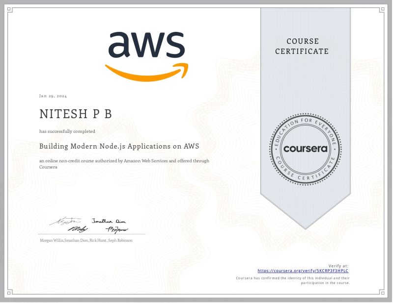 NITESH P B on LinkedIn: #nodejs #aws #webdevelopment #certification NITESH P B on LinkedIn: #nodejs #aws #webdevelopment #certification