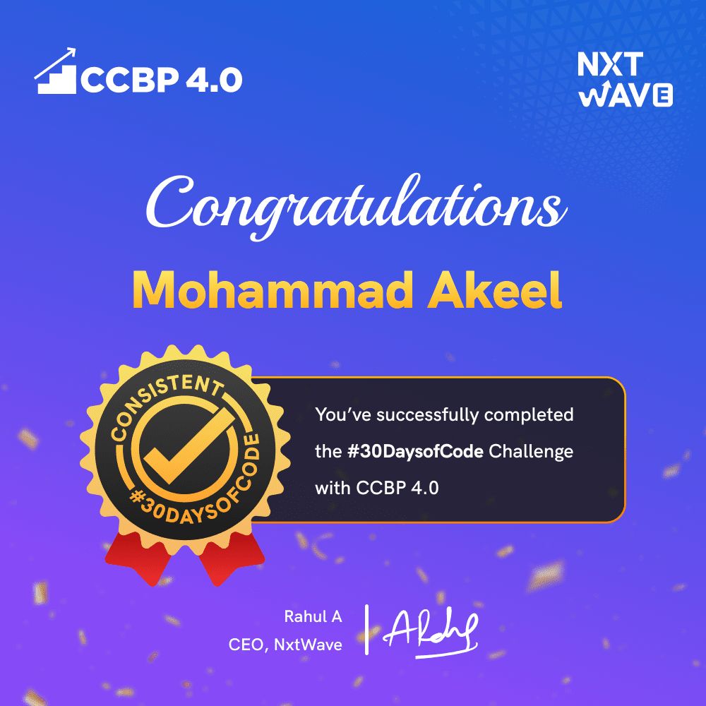 Mohammad Akeel Mulla on LinkedIn: #30daysofcode #nxtwave #ccbp Mohammad Akeel Mulla on LinkedIn: #30daysofcode #nxtwave #ccbp