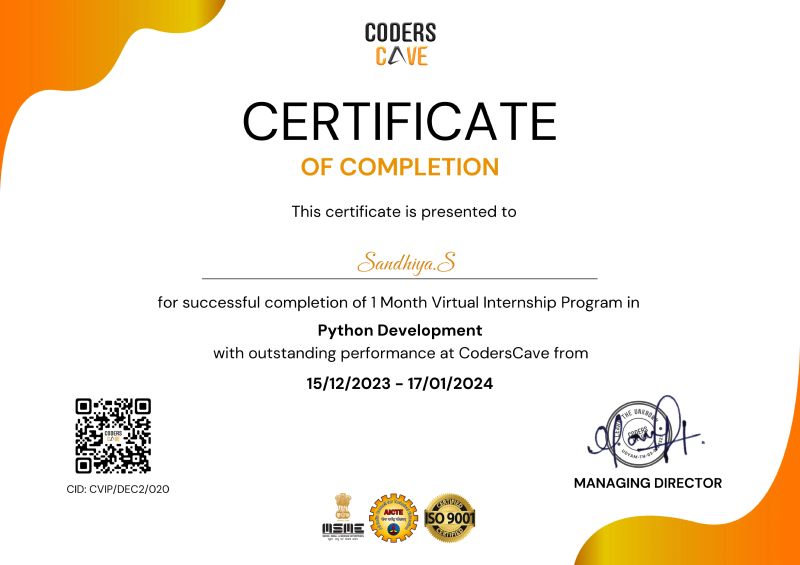 Completed a month of Python development at CodersCave | sandhiya s ... Completed a month of Python development at CodersCave | sandhiya s ...