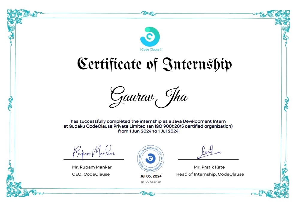 Gaurav Jha on LinkedIn: #codeclause #internship #javadevelopment # ... Gaurav Jha on LinkedIn: #codeclause #internship #javadevelopment # ...