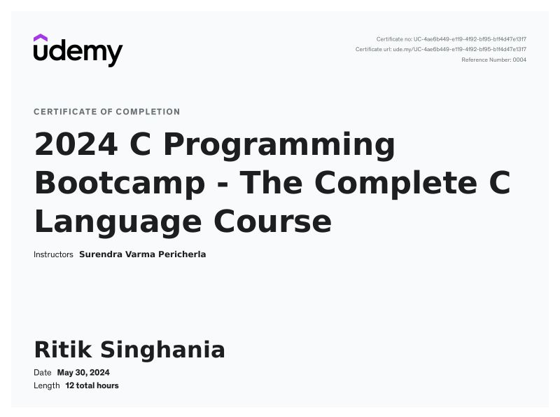 Completed Udemy C Programming Bootcamp | Ritik Singhania posted on the ... Completed Udemy C Programming Bootcamp | Ritik Singhania posted on the ...