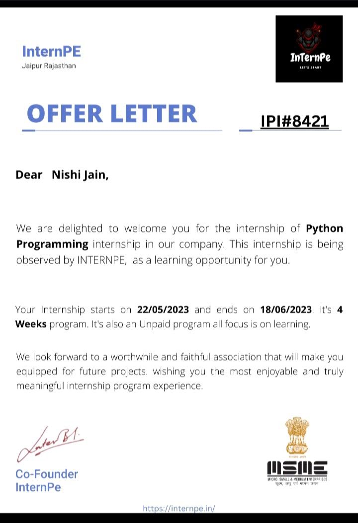 Nishi Jain on LinkedIn: #internpe #pythonprogramming #internpe # ... Nishi Jain on LinkedIn: #internpe #pythonprogramming #internpe # ...