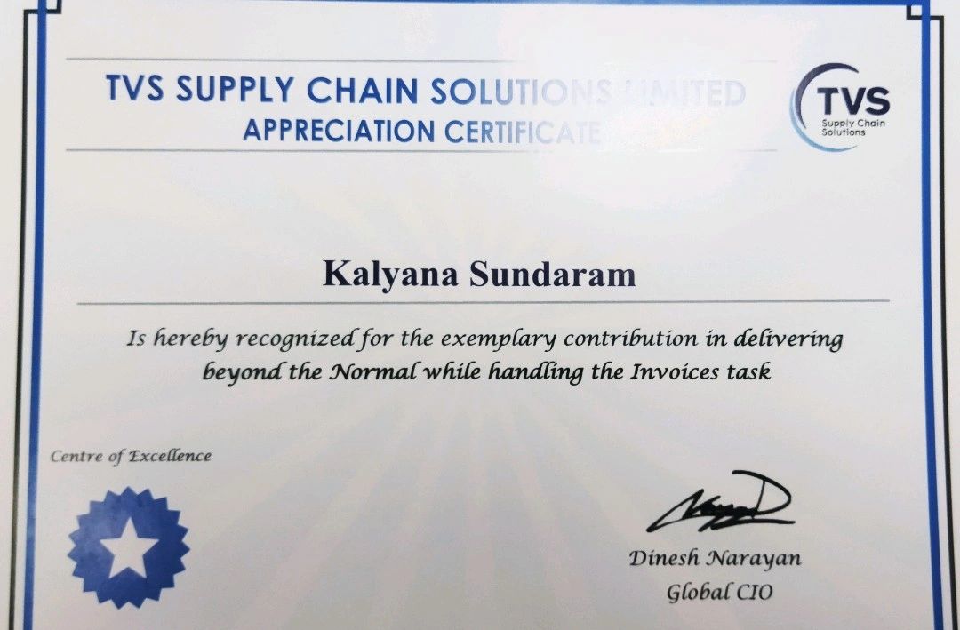 KALYANA SUNDARAM on LinkedIn: Thanks for the Recognization TVS Supply ... KALYANA SUNDARAM on LinkedIn: Thanks for the Recognization TVS Supply ...