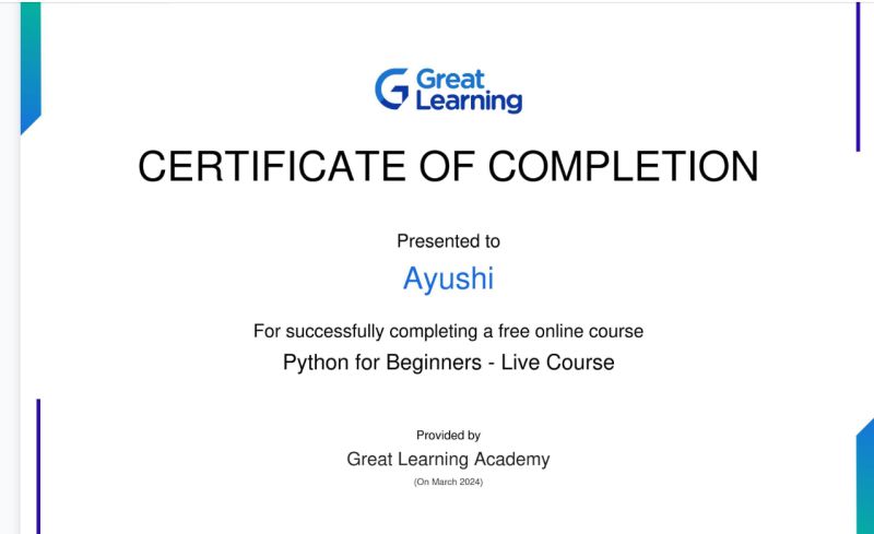 Completed a **python Certification**! Way more to go! | Ayushi Rai ... Completed a **python Certification**! Way more to go! | Ayushi Rai ...