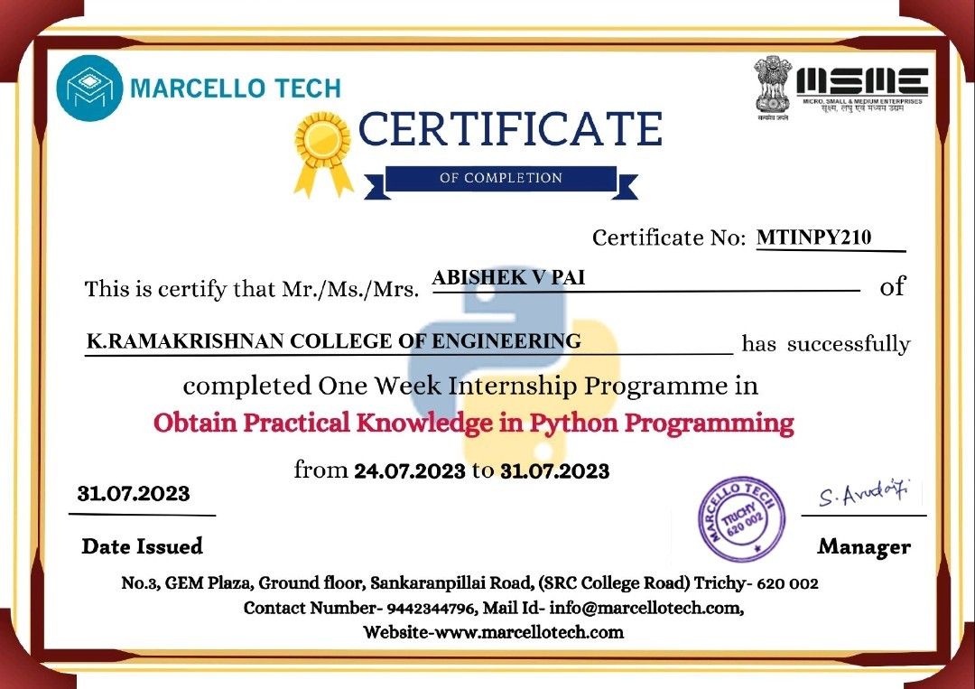 ABISHEK V PAI on LinkedIn: #pythonprogramming #intern #intership ABISHEK V PAI on LinkedIn: #pythonprogramming #intern #intership