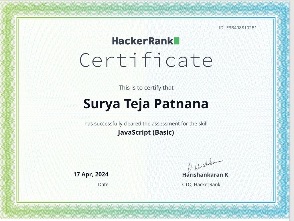 Patnana Surya teja on LinkedIn: #javascript #coding #certification # ... Patnana Surya teja on LinkedIn: #javascript #coding #certification # ...