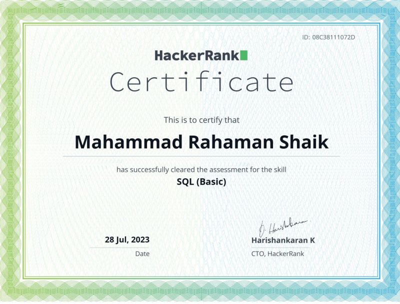 Mahammad Rahaman Shaik on LinkedIn: #sql #hackerrank #certified Mahammad Rahaman Shaik on LinkedIn: #sql #hackerrank #certified