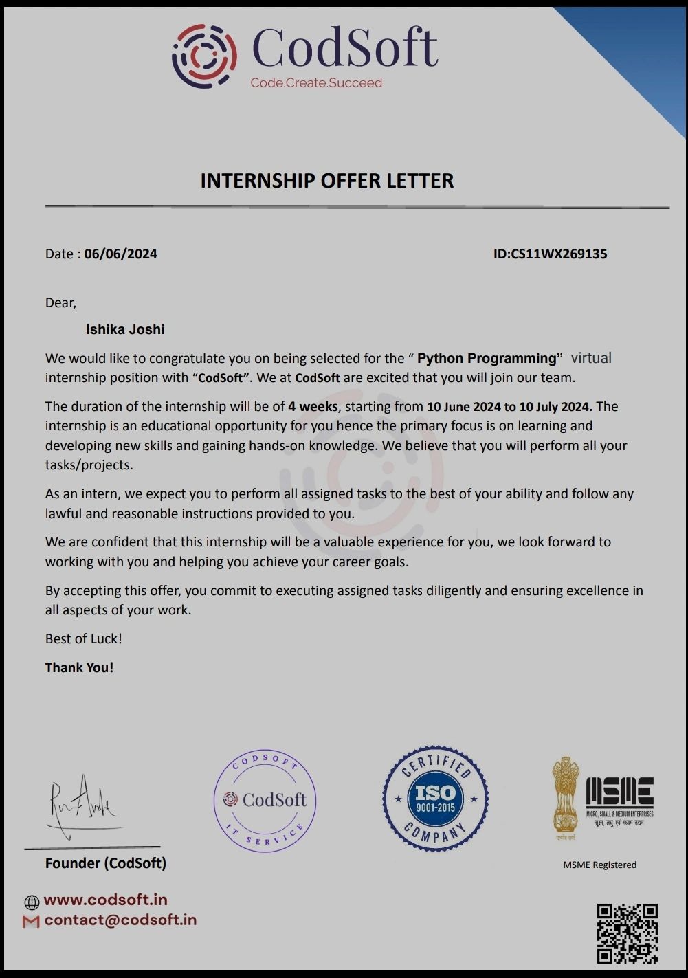 Ishika Joshi on LinkedIn: #codsoft #pythonprogramming #internship Ishika Joshi on LinkedIn: #codsoft #pythonprogramming #internship