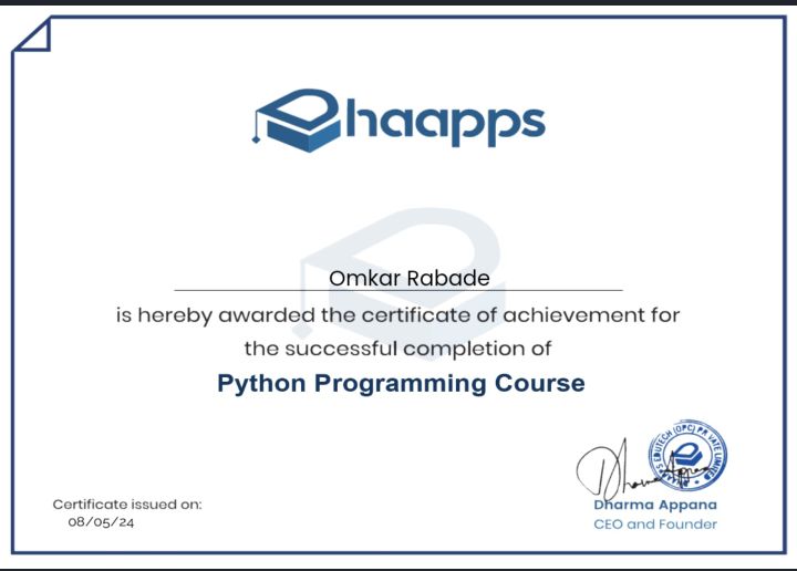 Omkar Rabade on LinkedIn: certificate of python programming course Omkar Rabade on LinkedIn: certificate of python programming course
