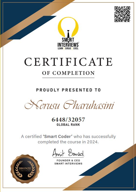 Nerusu Charuhasini on LinkedIn: #smartinterviews #dsa #coder # ... Nerusu Charuhasini on LinkedIn: #smartinterviews #dsa #coder # ...