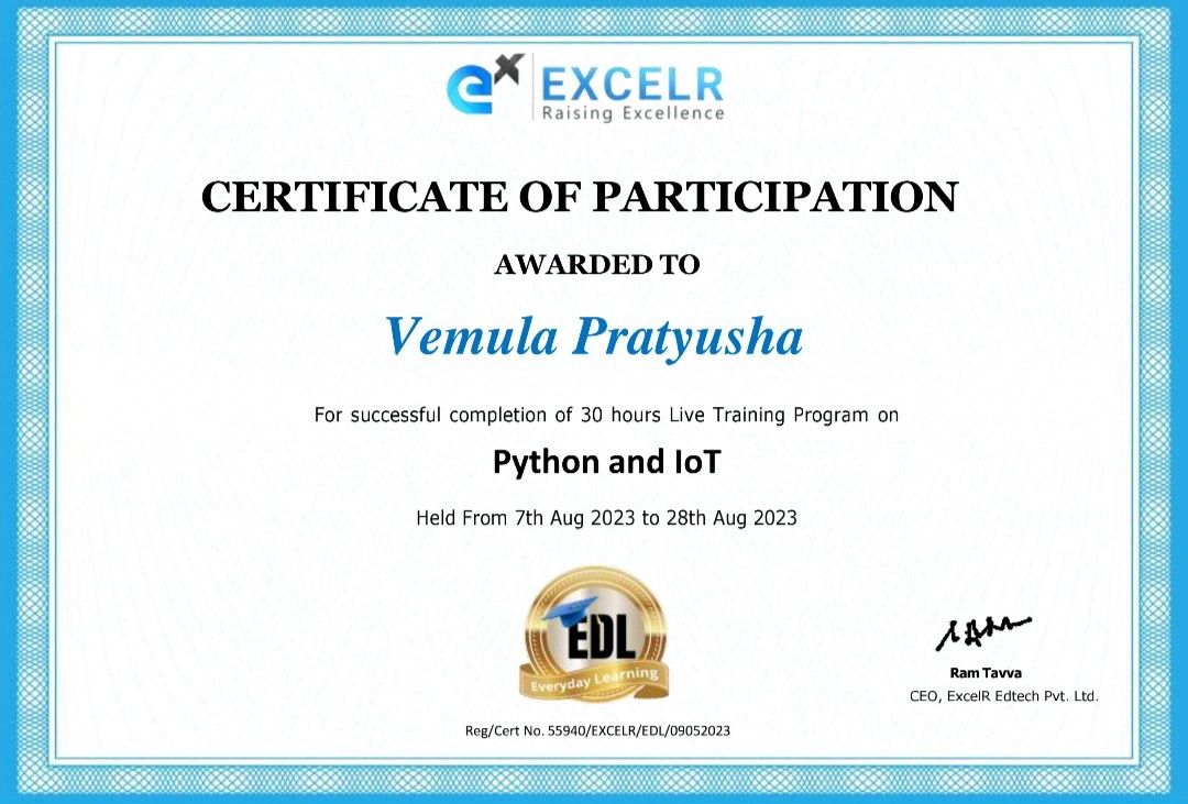 Pratyusha Vemula on LinkedIn: #iot #python #excelr #pscmr #completion Pratyusha Vemula on LinkedIn: #iot #python #excelr #pscmr #completion