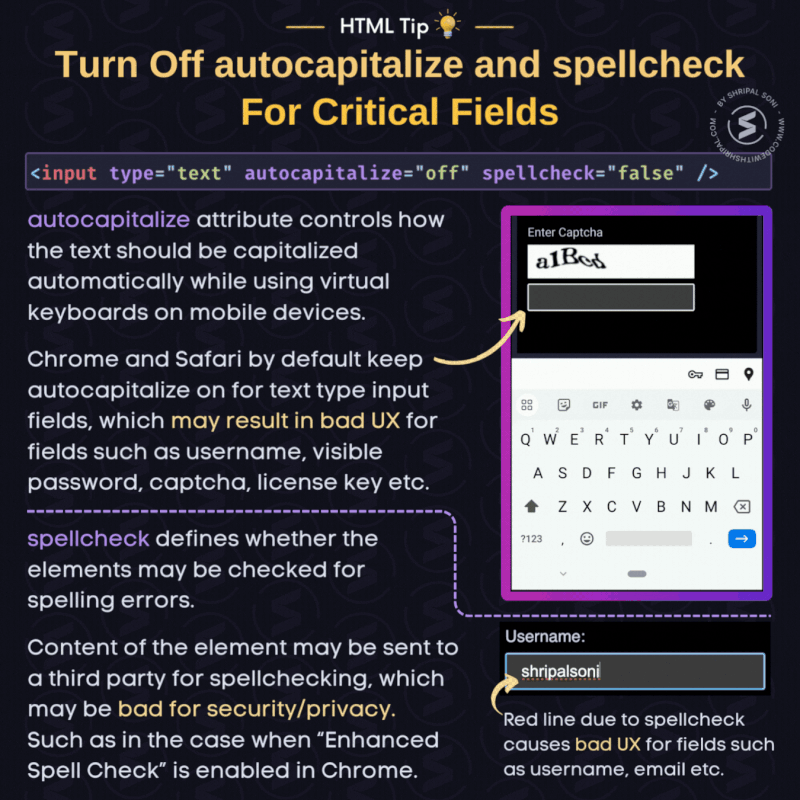 HTML Tip 💡 Turn off autocapitalize and spellcheck | Shripal Soni posted ... HTML Tip 💡 Turn off autocapitalize and spellcheck | Shripal Soni posted ...