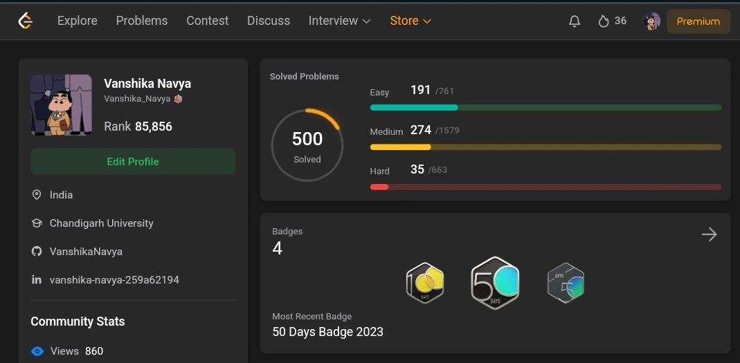 Vanshika Navya on LinkedIn: Reached the 500 mark on Leetcode. Vanshika Navya on LinkedIn: Reached the 500 mark on Leetcode.
