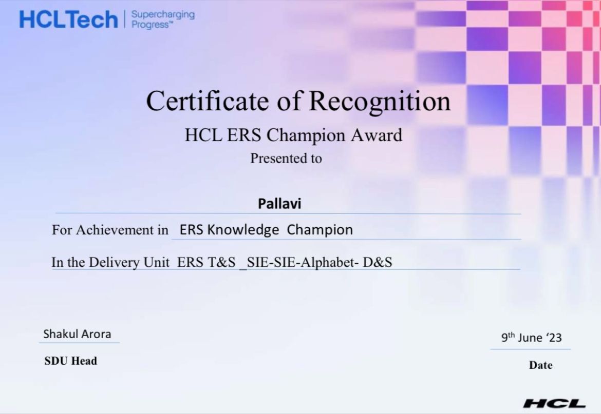Pallavi Basavaraj on LinkedIn: Thank you for recognition HCLTech Pallavi Basavaraj on LinkedIn: Thank you for recognition HCLTech