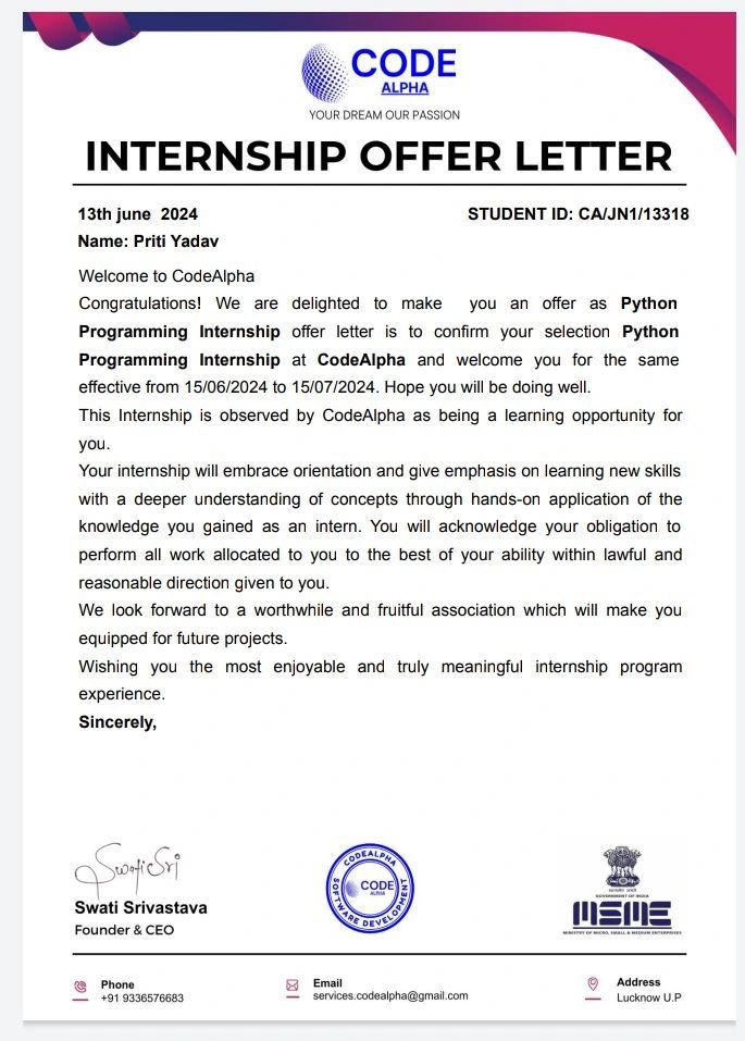 Priti Yadav on LinkedIn: internship offer letter for python programming ... Priti Yadav on LinkedIn: internship offer letter for python programming ...