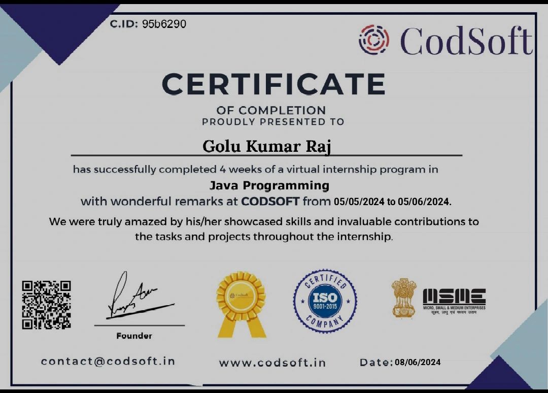 Golu Raj on LinkedIn: #internship #javaprogramming #codsoft # ... Golu Raj on LinkedIn: #internship #javaprogramming #codsoft # ...
