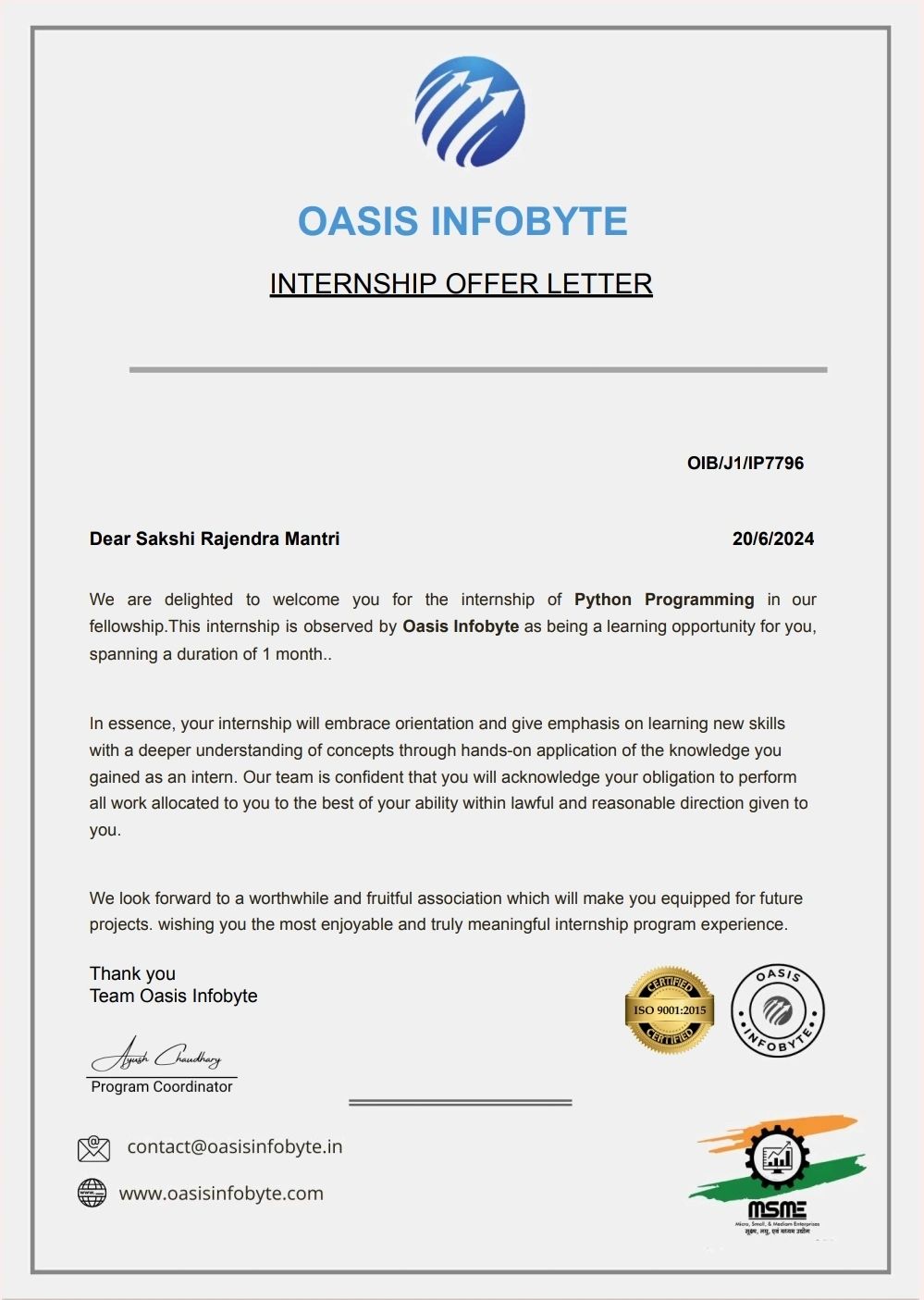 Sakshi Mantri on LinkedIn: #internship #pythonprogramming #oasisinfobyte Sakshi Mantri on LinkedIn: #internship #pythonprogramming #oasisinfobyte