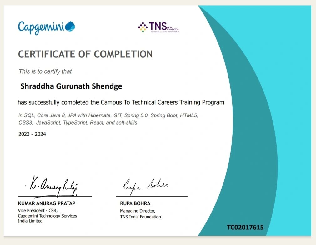 Shraddha shendge on LinkedIn: Completed course from Capgemini Shraddha shendge on LinkedIn: Completed course from Capgemini