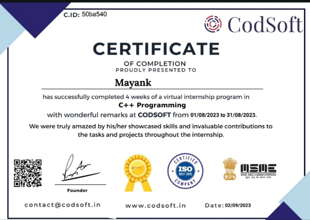 Mayank . on LinkedIn: #codsoft #codsoft #internshipopportunity #c # ... Mayank . on LinkedIn: #codsoft #codsoft #internshipopportunity #c # ...