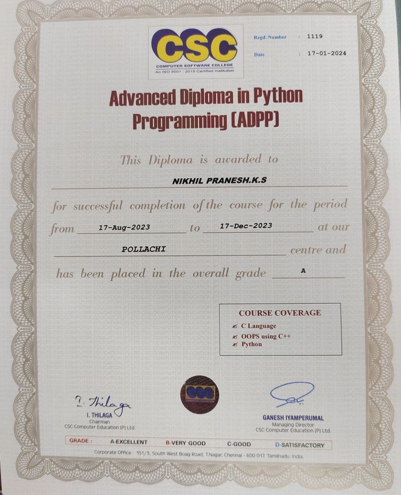 Nikhil Pranesh k.s on LinkedIn: #cse #programming #python #c #techskills Nikhil Pranesh k.s on LinkedIn: #cse #programming #python #c #techskills