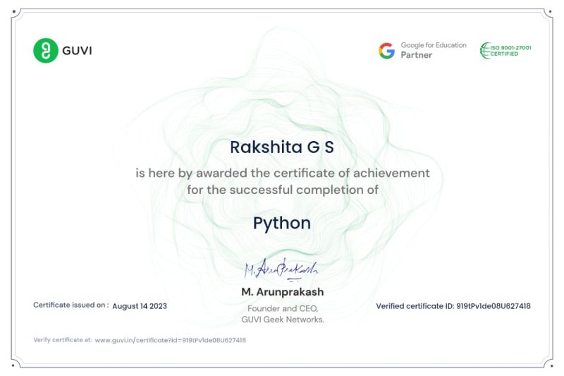 Rakshita Sataraddi on LinkedIn: #python #guvi #programming #learning # ... Rakshita Sataraddi on LinkedIn: #python #guvi #programming #learning # ...