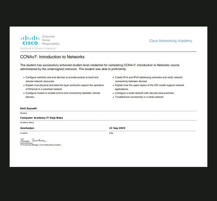 Emil Zeynalli on LinkedIn: CCNA: Introduction to Networks certificate ... Emil Zeynalli on LinkedIn: CCNA: Introduction to Networks certificate ...