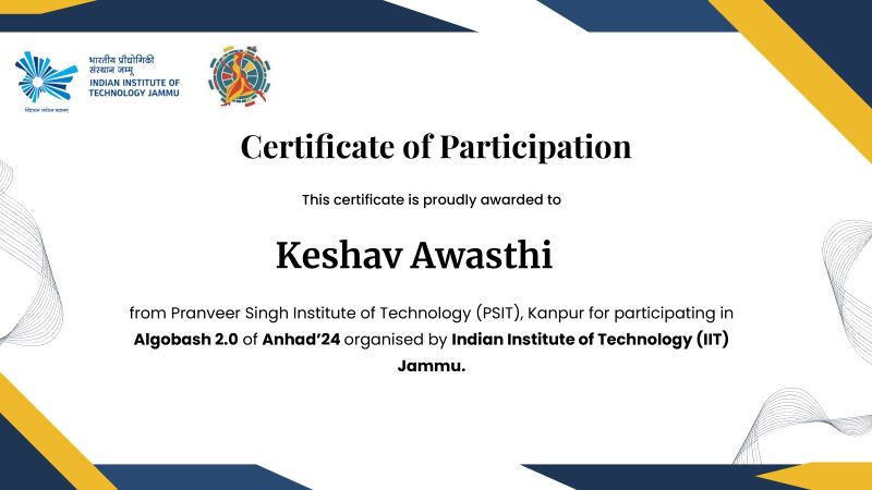 Keshav Awasthi on LinkedIn: #algobash2024 #iitjammu #anhad24 #psit # ... Keshav Awasthi on LinkedIn: #algobash2024 #iitjammu #anhad24 #psit # ...