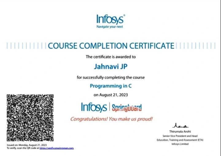 Jahnavi J P on LinkedIn: Proudly earned my C programming certificate as ... Jahnavi J P on LinkedIn: Proudly earned my C programming certificate as ...