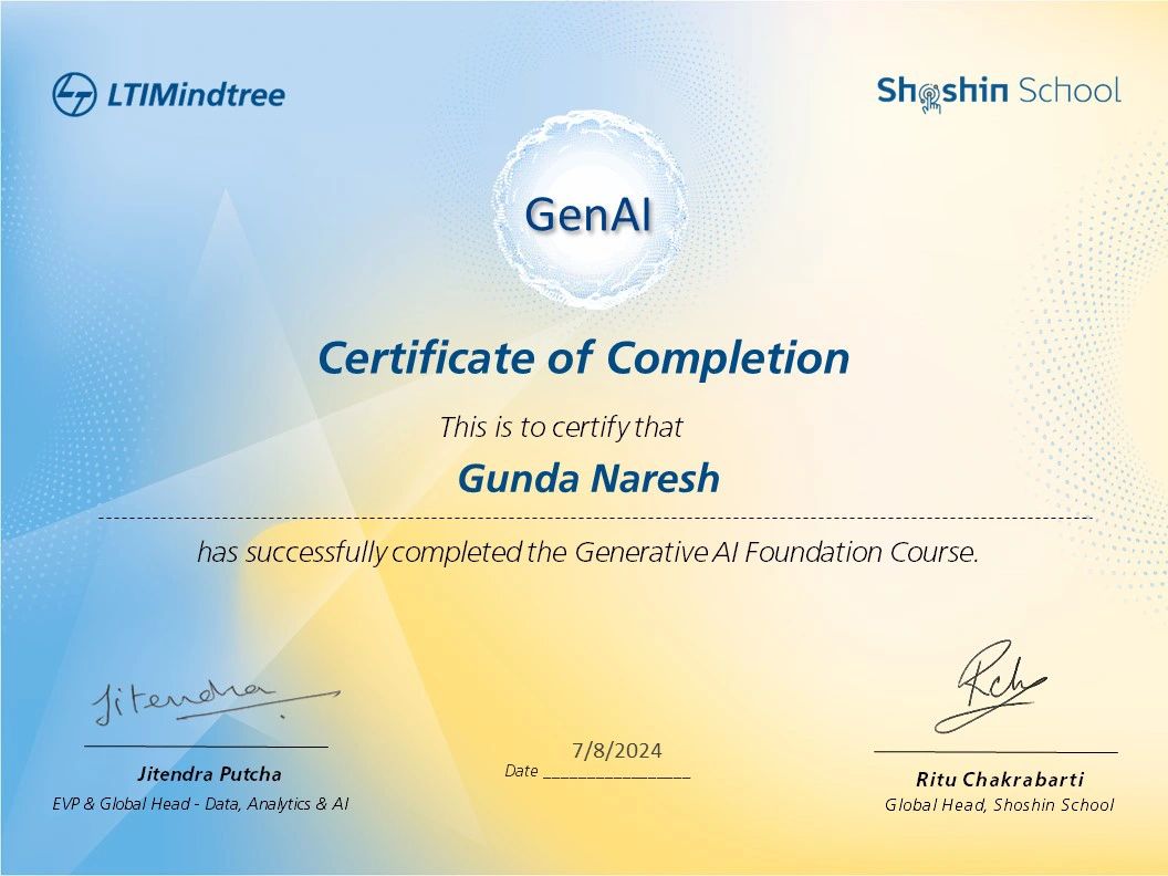 Naresh Gunda on LinkedIn: GenAIFoundation Certificate... Naresh Gunda on LinkedIn: GenAIFoundation Certificate...