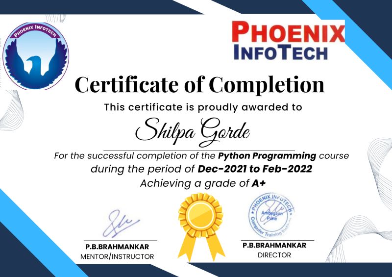 Shilpa Gorde on LinkedIn: #python #programming #certificatecompletion # ... Shilpa Gorde on LinkedIn: #python #programming #certificatecompletion # ...