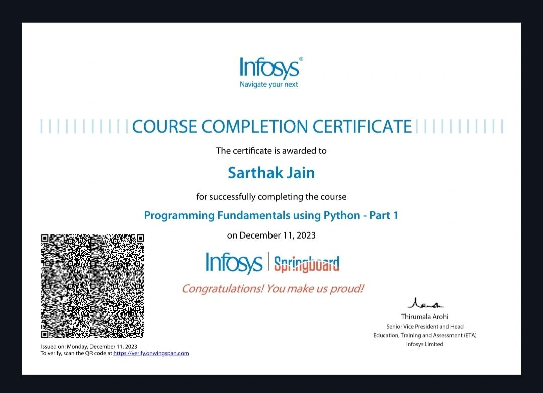 Sarthak Jain on LinkedIn: #pythonprogramming #certification #infosys Sarthak Jain on LinkedIn: #pythonprogramming #certification #infosys