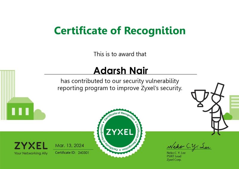 Adarsh S Nair on LinkedIn: Certificate of Recognition Zyxel ๐ฝ๐ฝ๐ฝ ... Adarsh S Nair on LinkedIn: Certificate of Recognition Zyxel ๐ฝ๐ฝ๐ฝ ...
