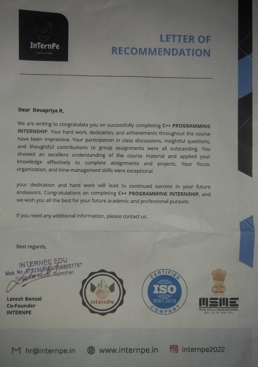Devapriya R on LinkedIn: #internship #cplusplus #programming #swag # ... Devapriya R on LinkedIn: #internship #cplusplus #programming #swag # ...