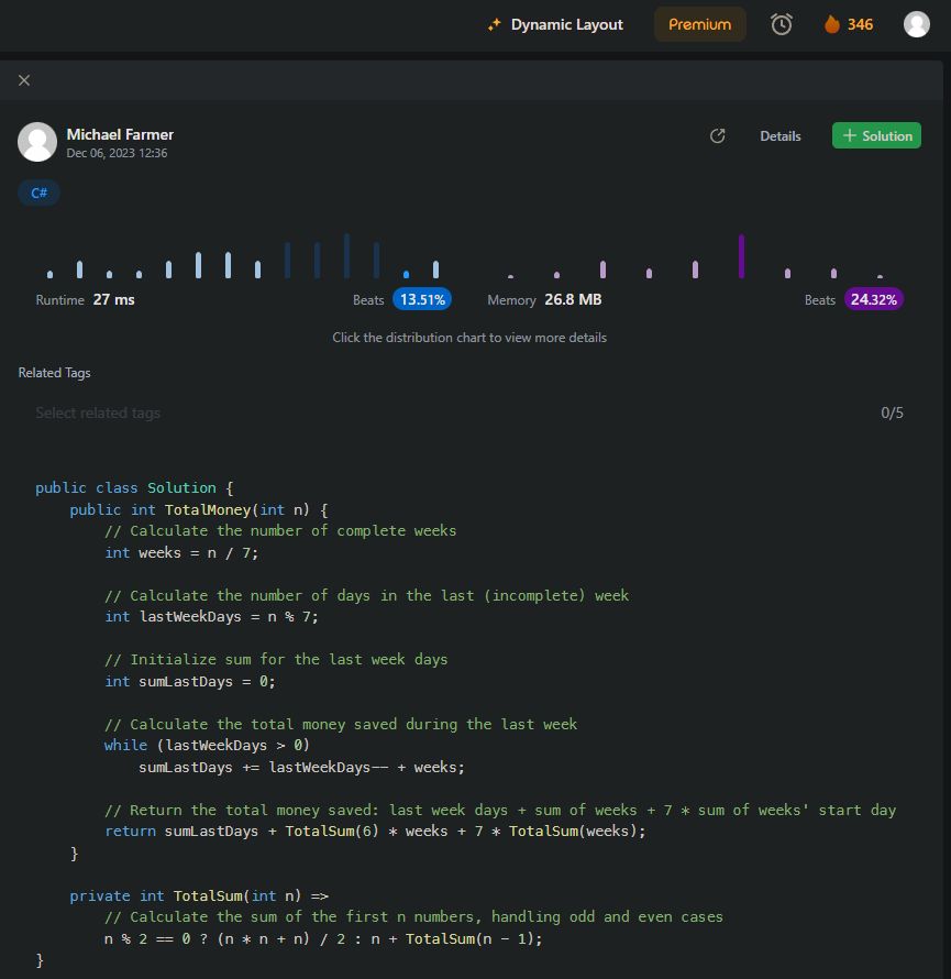 Michael Farmer on LinkedIn: Day 346 of Daily LeetCode | 1716. Calculate ... Michael Farmer on LinkedIn: Day 346 of Daily LeetCode | 1716. Calculate ...