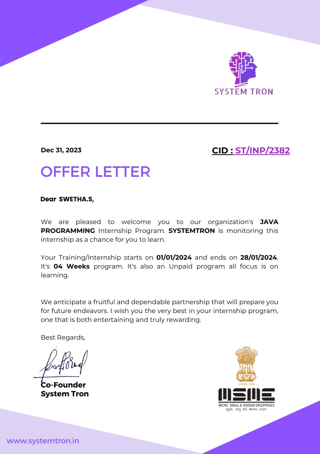 SWETHA SELVANESAN on LinkedIn: #internship #javaprogramming #systemtron SWETHA SELVANESAN on LinkedIn: #internship #javaprogramming #systemtron