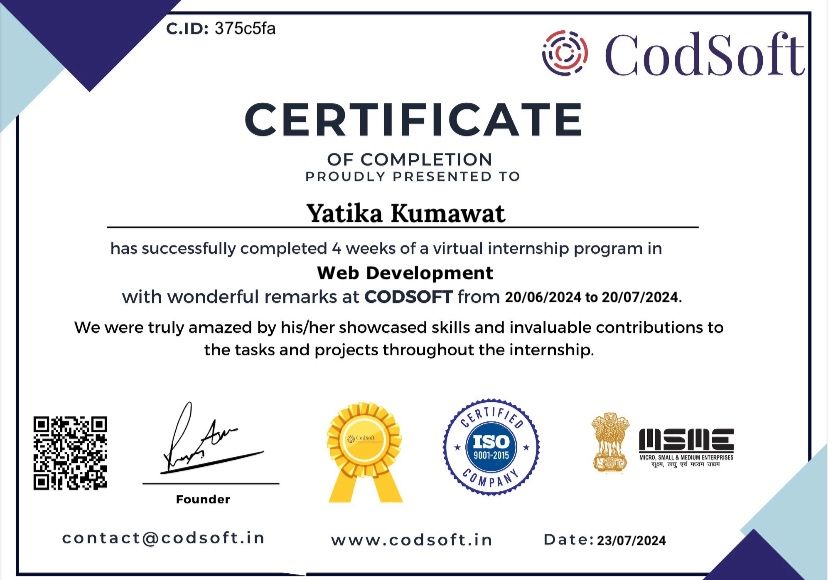 Yatika Kumawat on LinkedIn: #webdevelopment #internship #codsoft #cip # ... Yatika Kumawat on LinkedIn: #webdevelopment #internship #codsoft #cip # ...