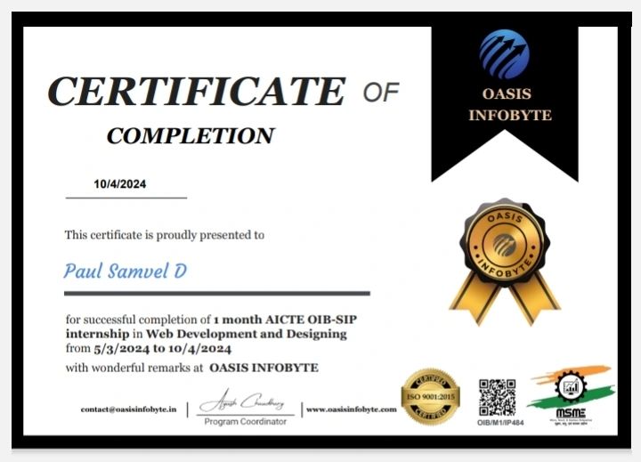 PAUL SAMVEL on LinkedIn: successfully completed My internship Oasis ... PAUL SAMVEL on LinkedIn: successfully completed My internship Oasis ...