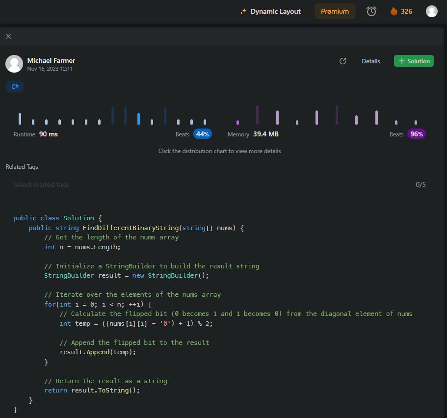 Day 326 of LeetCode: Find DifferentBinaryString | Michael Farmer posted ... Day 326 of LeetCode: Find DifferentBinaryString | Michael Farmer posted ...