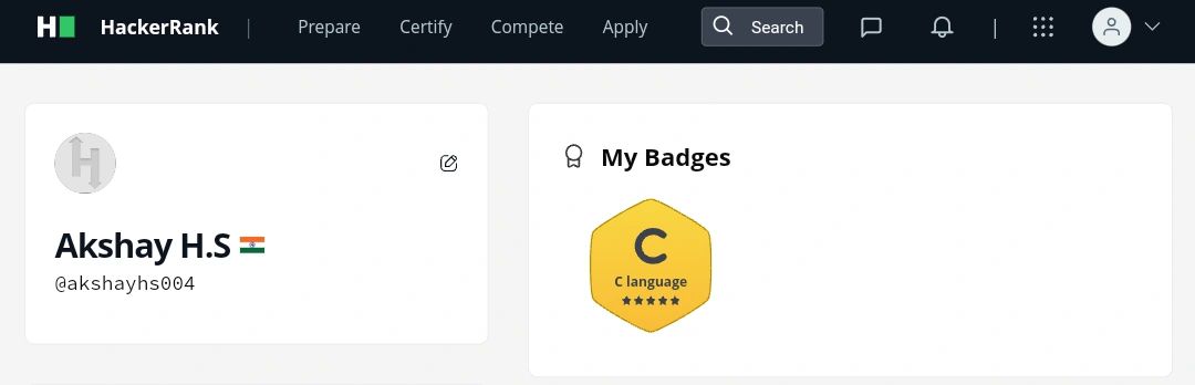 5 star badge earned on HackerRank for C programming language course 😁 ... 5 star badge earned on HackerRank for C programming language course 😁 ...