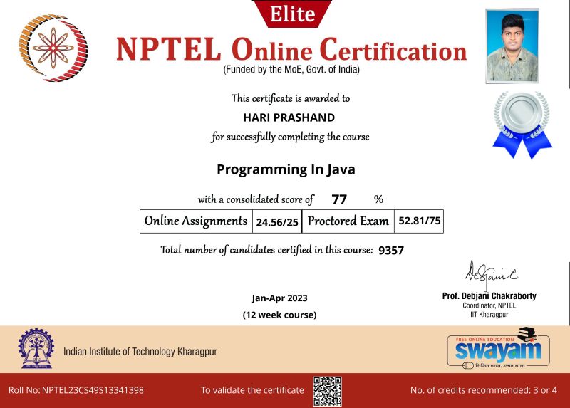 Hari Prashand on LinkedIn: #javaprogramming #nptel #certificate # ... Hari Prashand on LinkedIn: #javaprogramming #nptel #certificate # ...